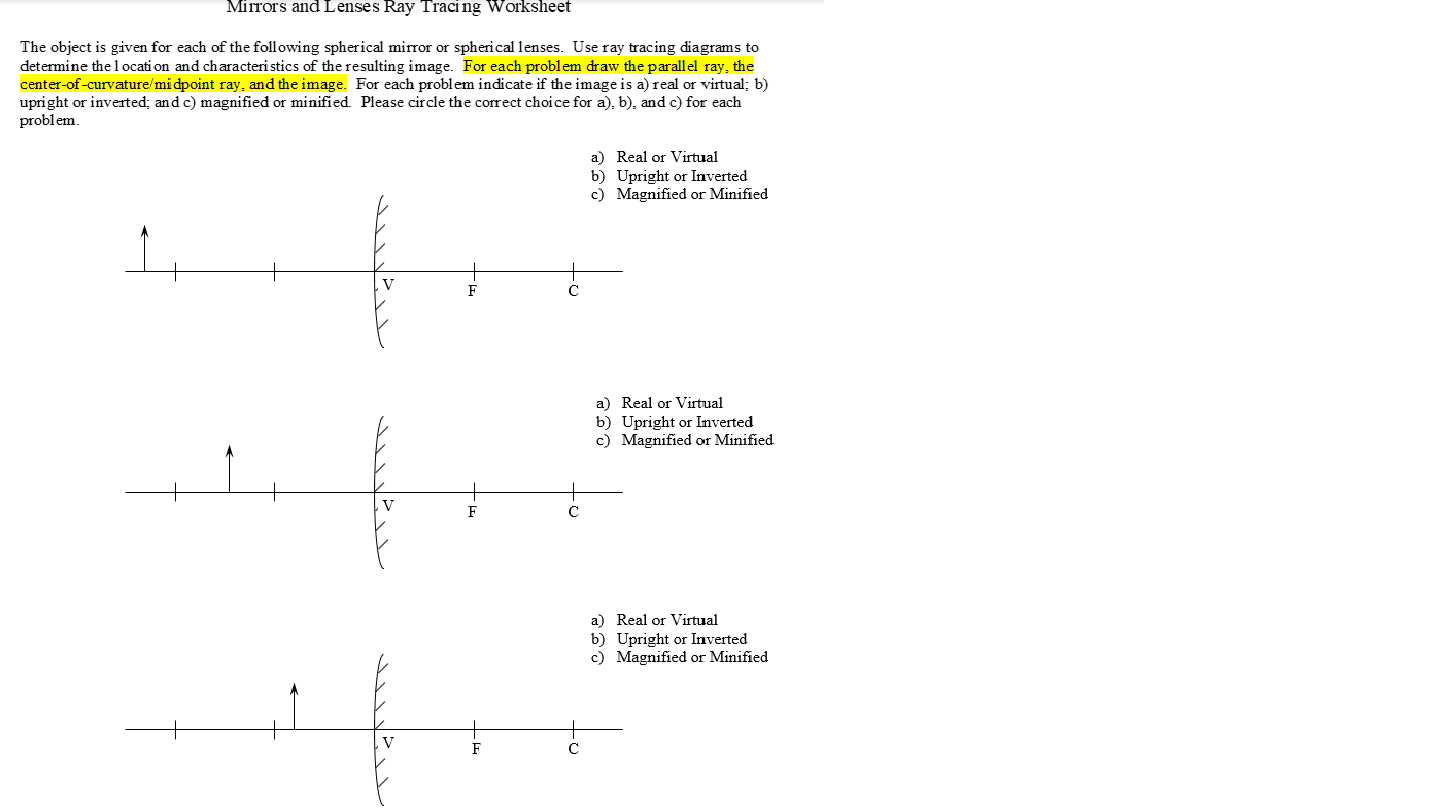 Solved Mirrors and Lenses Ray Tracing Worksheet The object | Chegg.com