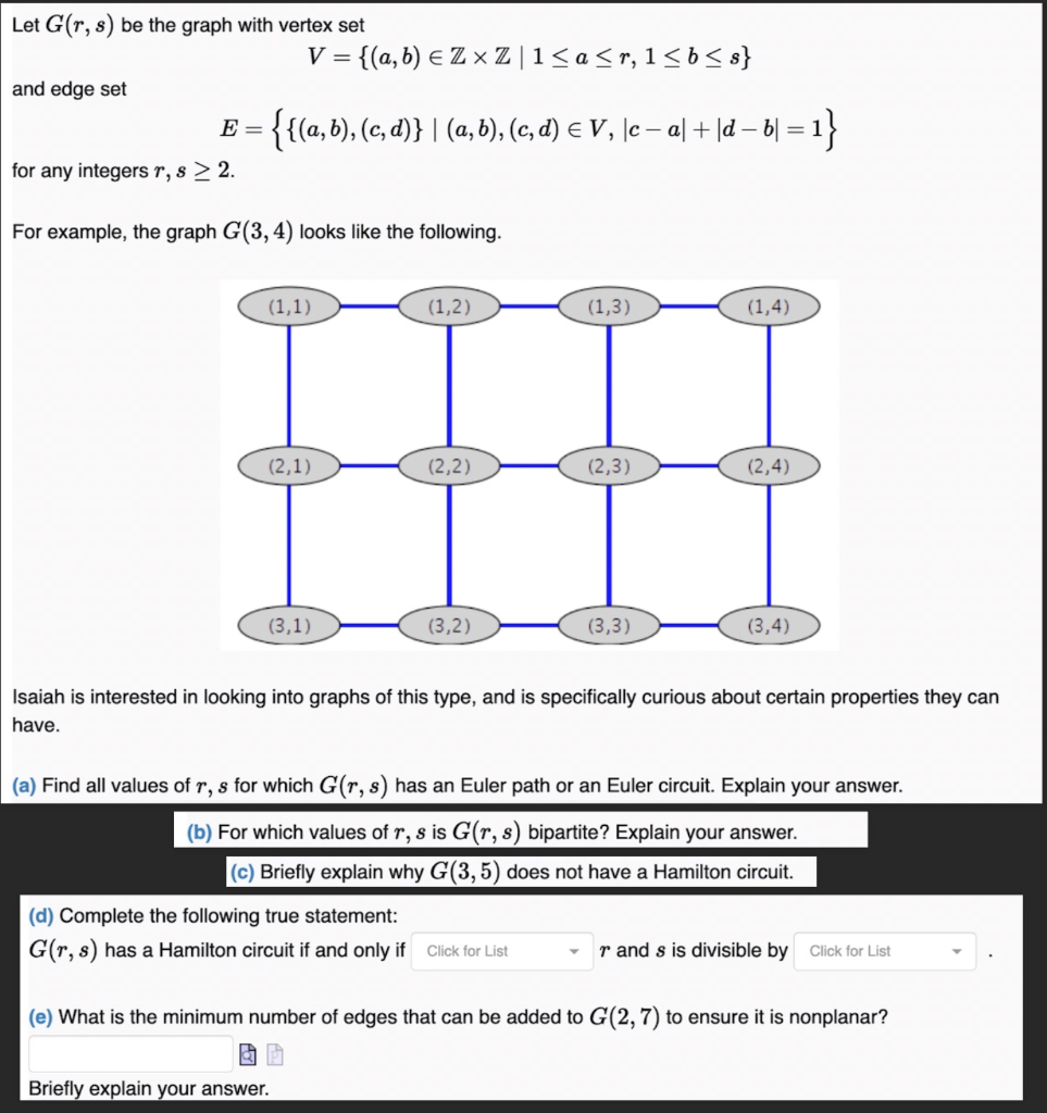 Solved Let G(r, s) be the graph with vertex set V = {(a,b) € | Chegg.com