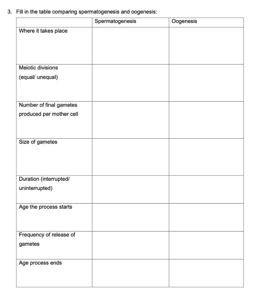 Solved 3. Fill in the table comparing spermatogenesis and | Chegg.com