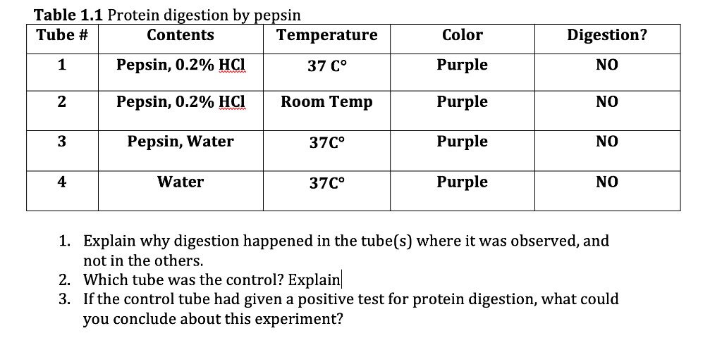 Solved Table 1.1 Protein digestion by pepsin Tube # Contents | Chegg.com
