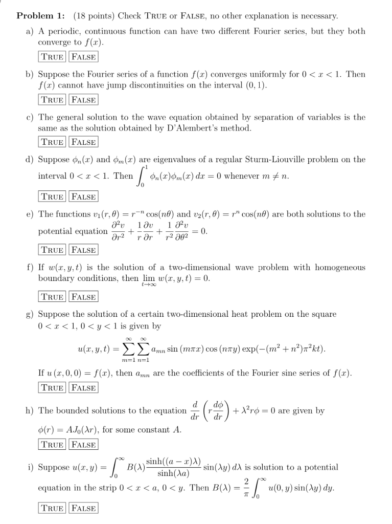 Solved Problem 1: (18 points) Check TRUE or FALSE, no other | Chegg.com