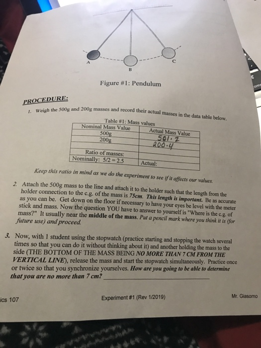 Solved Figure #1 : Pendulum PROCEDURE: and record their | Chegg.com