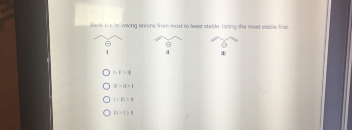 Solved rank the following anions from most to least stable, | Chegg.com