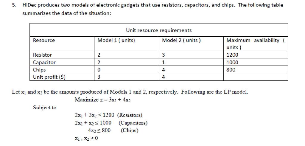 Solved 5. HiDec produces two models of electronic gadgets | Chegg.com