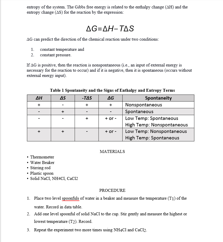 Solved Experiment #8 Enthalpy, Entropy, and Gibbs Free | Chegg.com