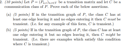 Solved (10 points) Let P=(Pu,v)u,v∈V be a transition matrix | Chegg.com