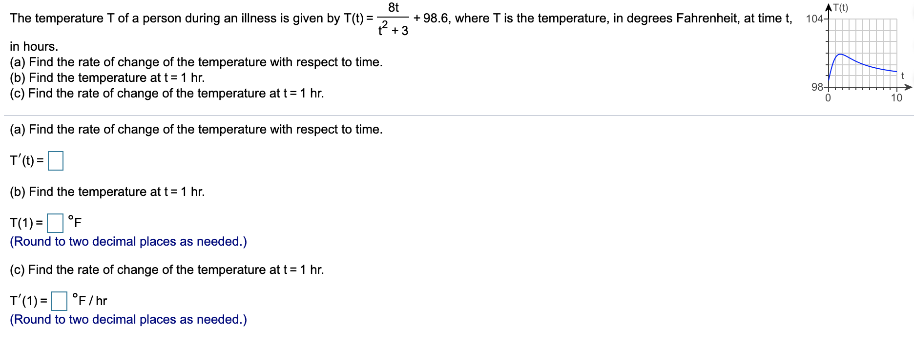Solved AT() 104- 8t The temperature T of a person during an | Chegg.com