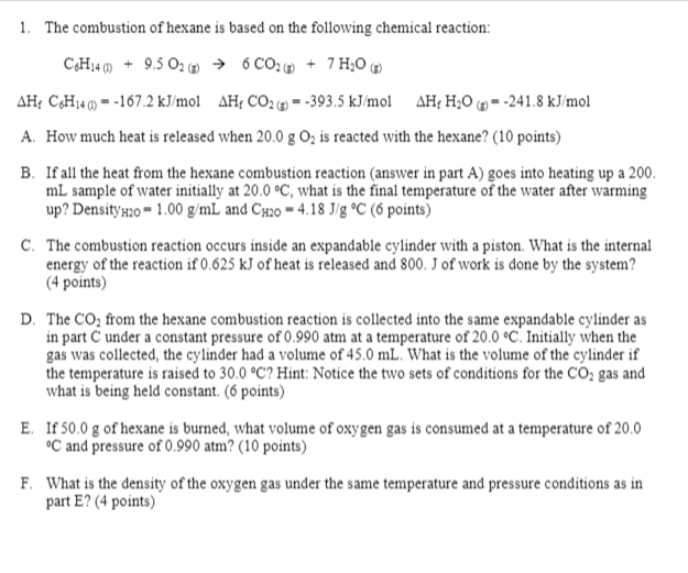 Solved 1. The combustion of hexane is based on the following | Chegg.com