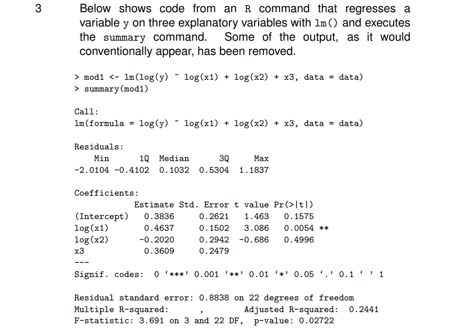 Solved 3 Below shows code from an R command that regresses a | Chegg.com