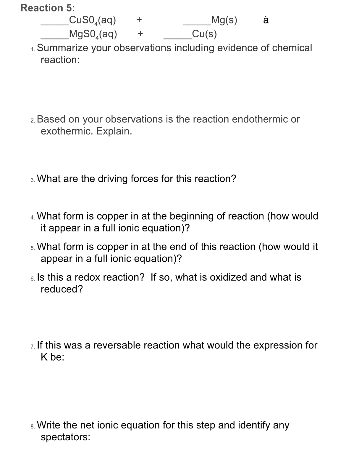 Solved Reaction 5:CuSO4(aq),+,Mg(s) à | Chegg.com