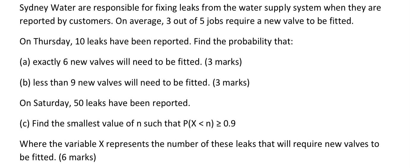 Solved Sydney Water are responsible for fixing leaks from | Chegg.com