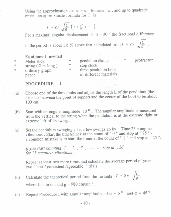 Solved Experiment 2 THE SIMPLE PENDULUM Object : To | Chegg.com
