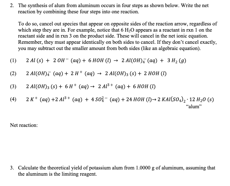 Solved The synthesis of alum from aluminum occurs in four | Chegg.com
