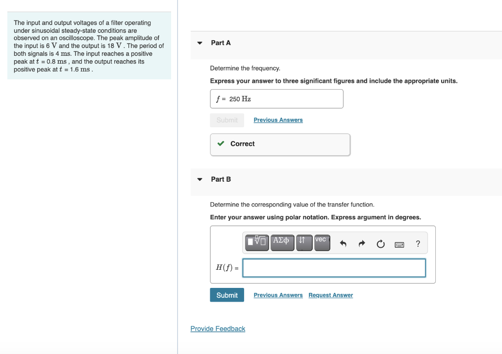 Solved The input and output voltages of a filter operating | Chegg.com