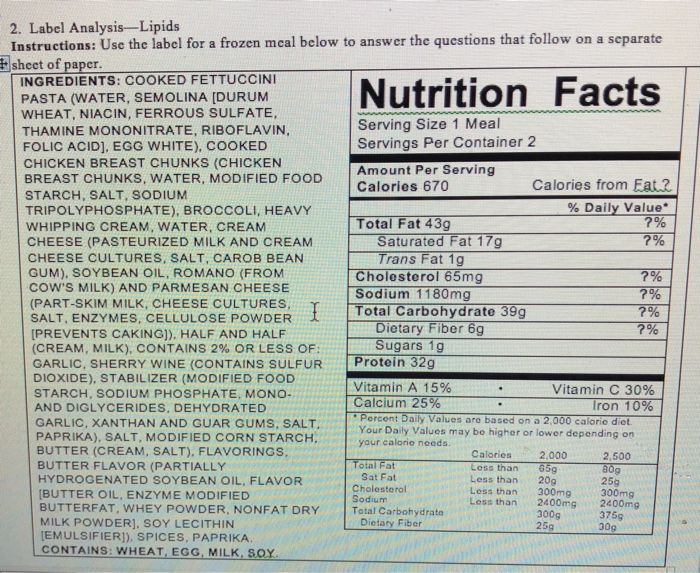 Solved 2. Label Analysis-Lipids Instructions: Use the label | Chegg.com