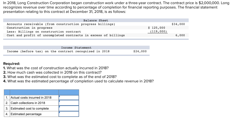 Solved In 2018, Long Construction Corporation began | Chegg.com