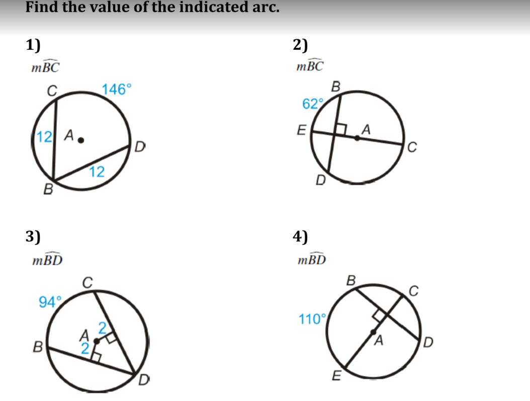 Solved Find the value of the indicated arc. 1) mBC 2) mBC В. | Chegg.com