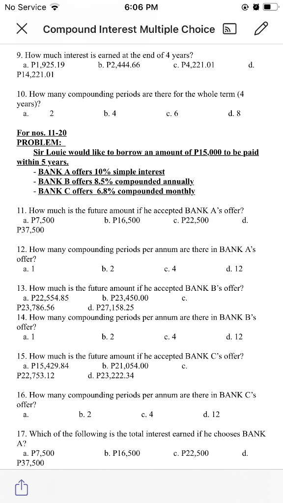 Solved No Service 6:05 PM Х Compound Interest Multiple | Chegg.com
