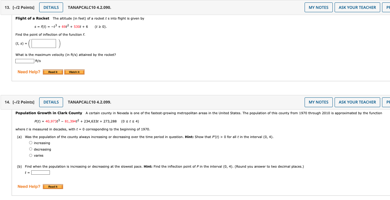 Solved [-/2 Points] TANAPCALC10 4.2.090. Flight of a Rocket | Chegg.com
