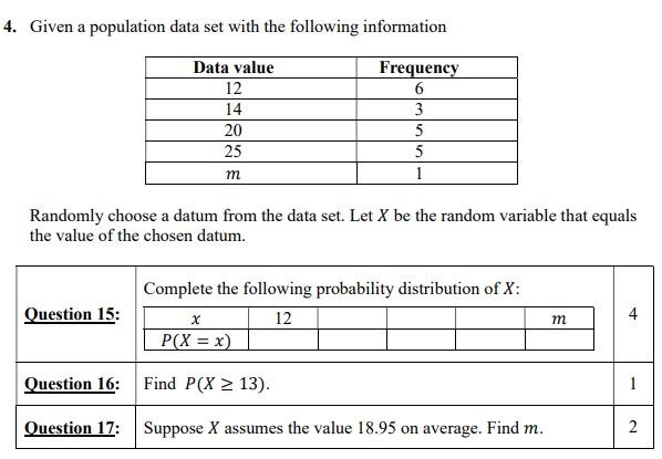 Solved 4. Given a population data set with the following | Chegg.com