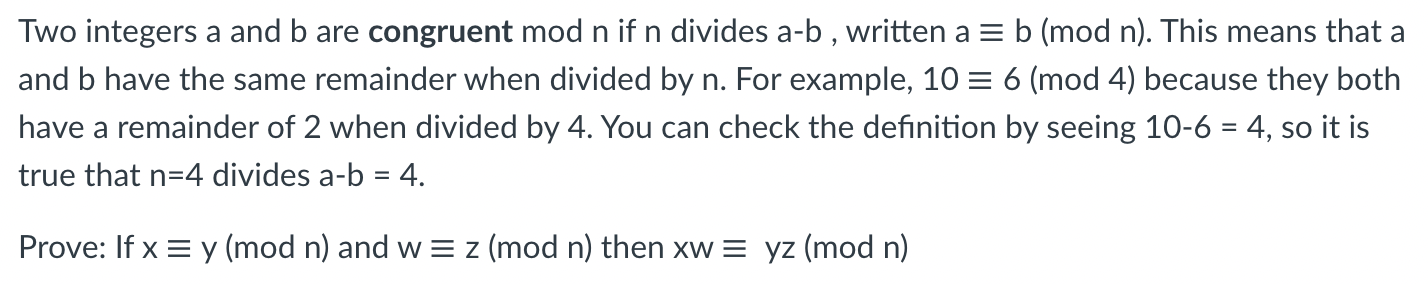 Solved Two integers a and b are congruent mod n if n divides | Chegg.com