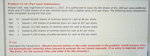 Solved Problem 11-1A (Part Level Submission) Ayayal Corp. | Chegg.com