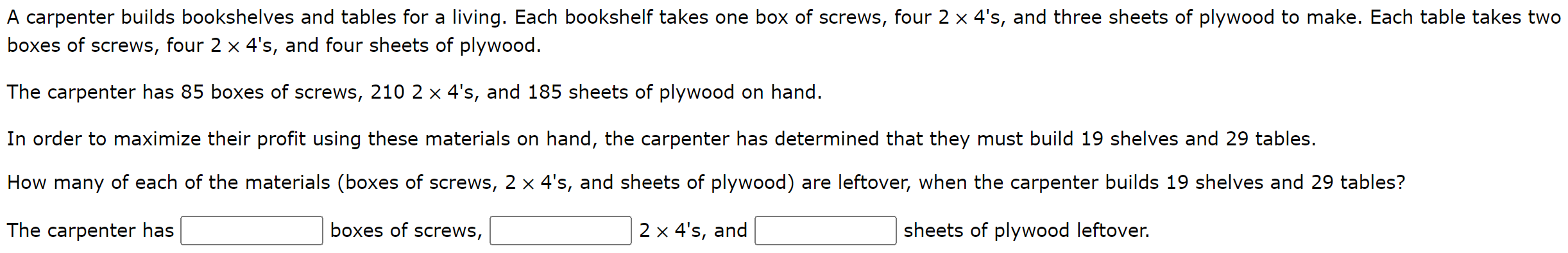 Solved A carpenter builds bookshelves and tables for a | Chegg.com
