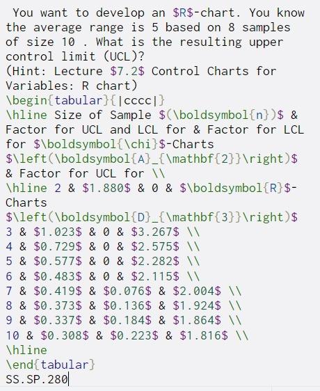 Solved You want to develop an $R$-chart. You know the | Chegg.com