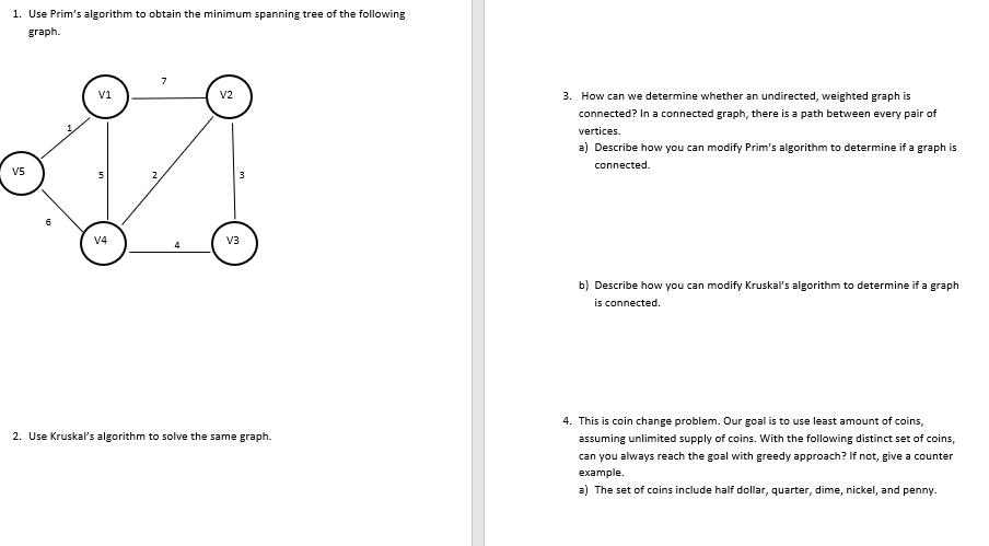 1. Use Prim's algorithm to obtain the minimum | Chegg.com