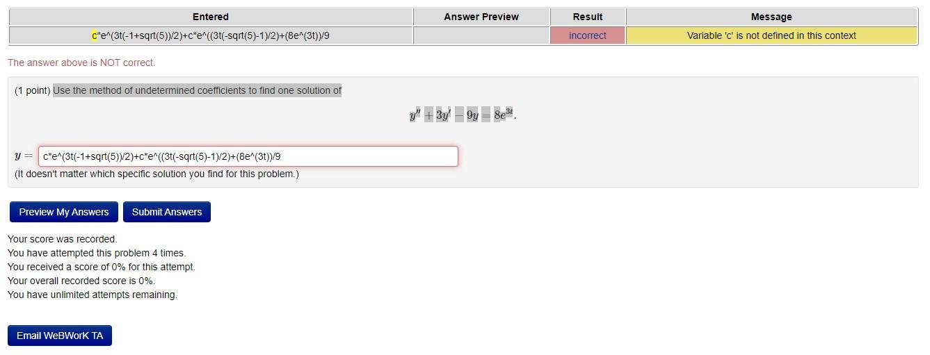 Solved Entered Answer Preview Result Message Variable 'c' is | Chegg.com