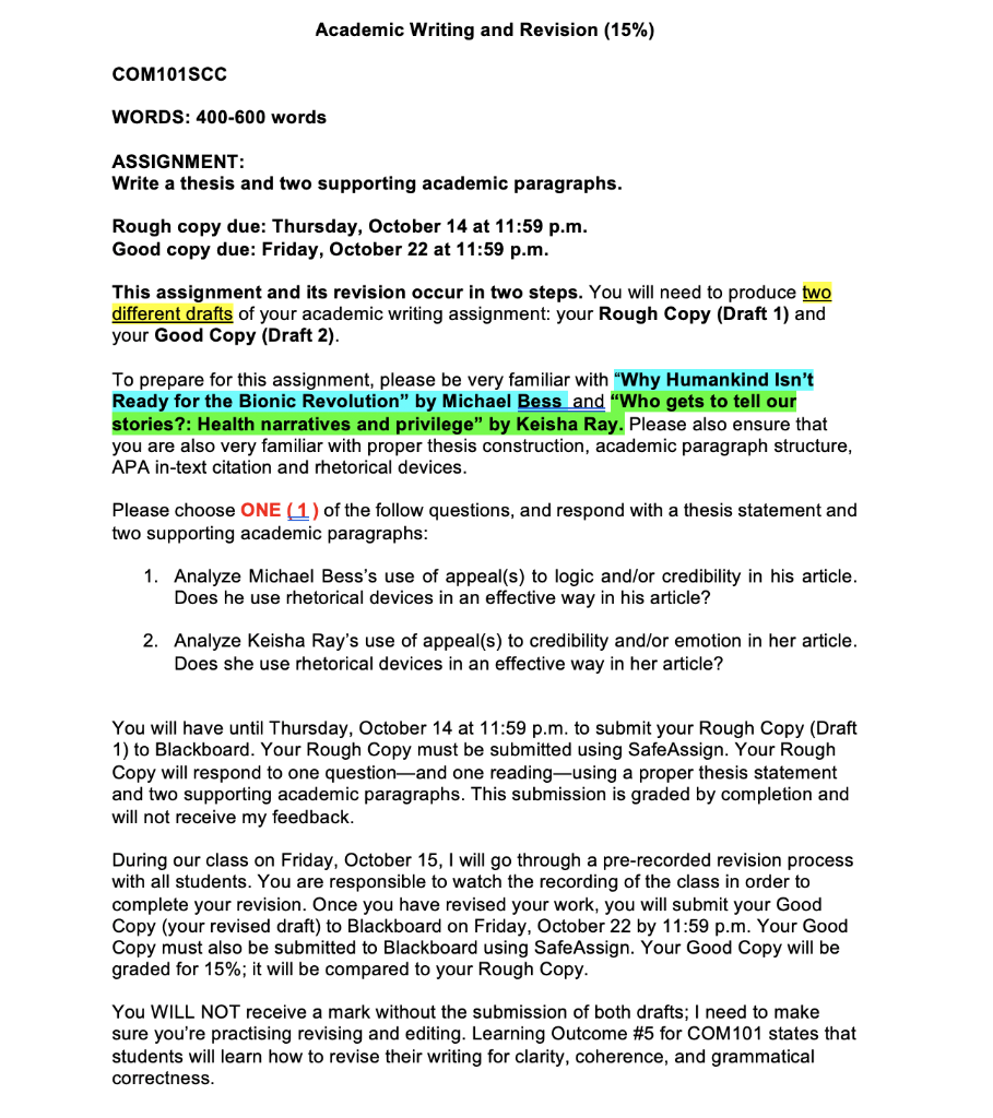 Academic Writing and Revision (15%) COM101 SCC WORDS: | Chegg.com