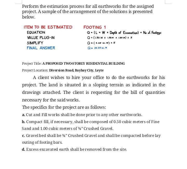 Perform the estimation process for all earthworks for | Chegg.com