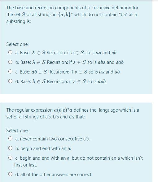 Solved The base and recursion components of a recursive | Chegg.com