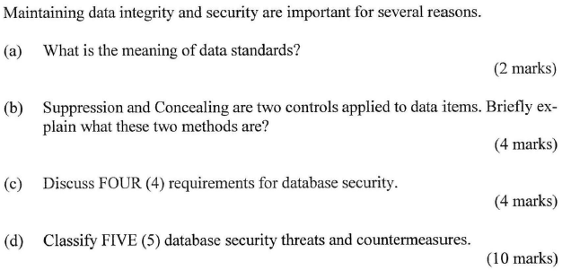 Solved Maintaining data integrity and security are important | Chegg.com