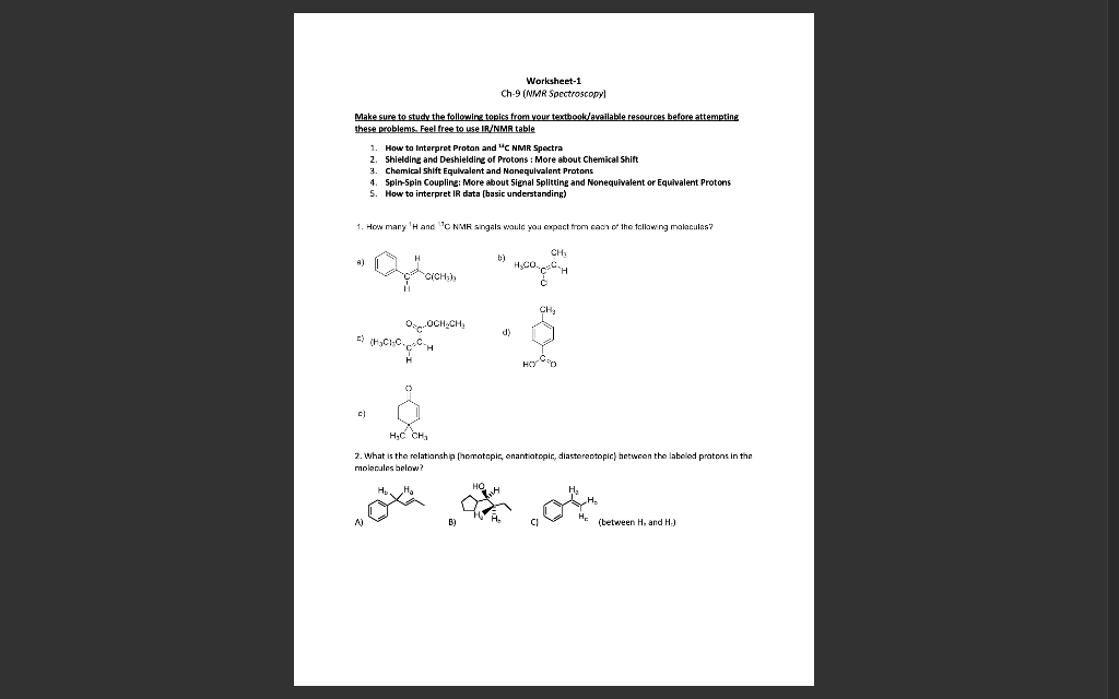 Solved Worksheet-1 Ch-9 (NMR Spectroscopy Make sure to study | Chegg.com