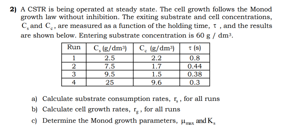 Solved 2) A CSTR is being operated at steady state. The cell | Chegg.com