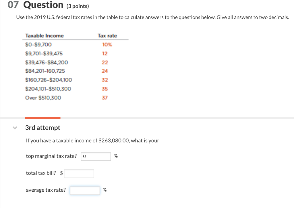 Solved 07 Question (3 points) Use the 2019 U.S. federal tax | Chegg.com
