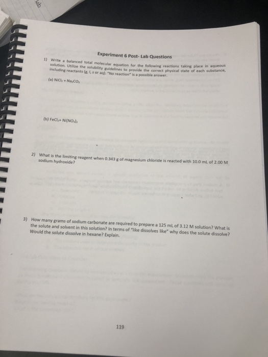 Solved Experiment 6 Post- Lab Questions 1) Write a balanced | Chegg.com