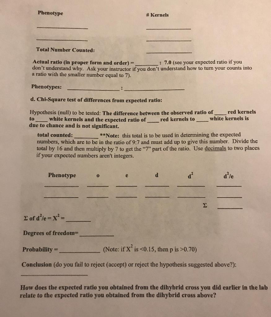 Phenotype # Kernels Total Number Counted: Actual | Chegg.com