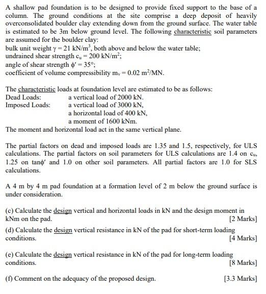 Solved A shallow pad foundation is to be designed to provide | Chegg.com