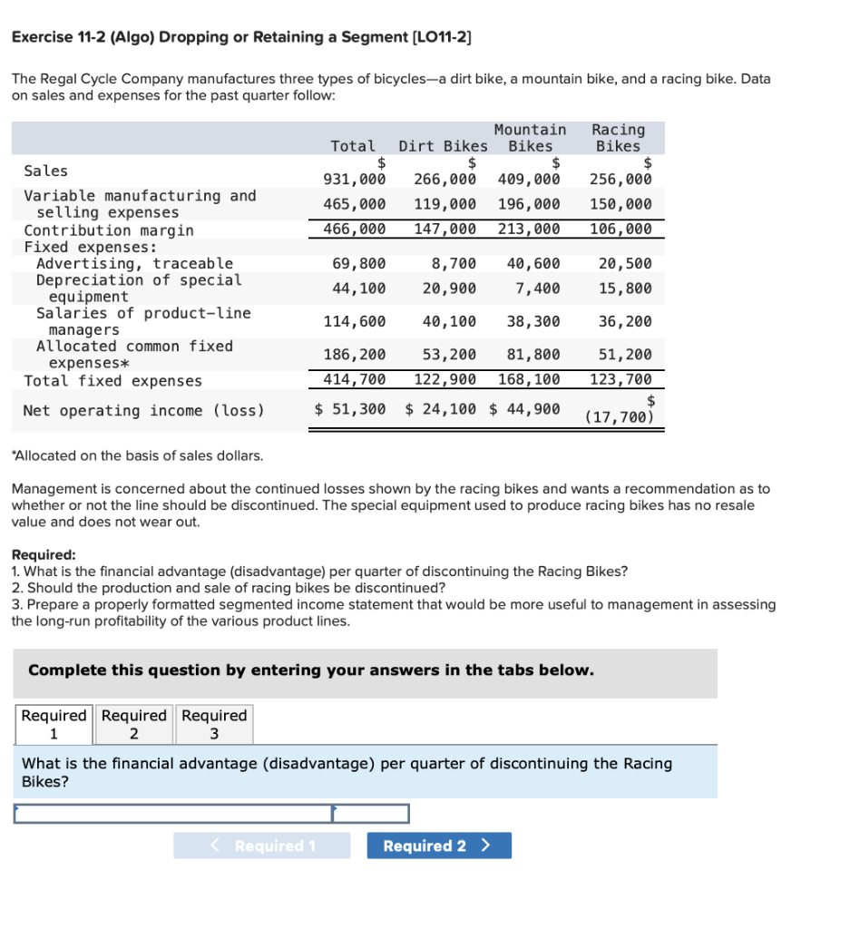 Solved Exercise 11-2 (Algo) Dropping or Retaining a Segment | Chegg.com