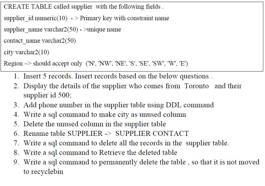 Solved CREATE TABLE called supplier with the following | Chegg.com