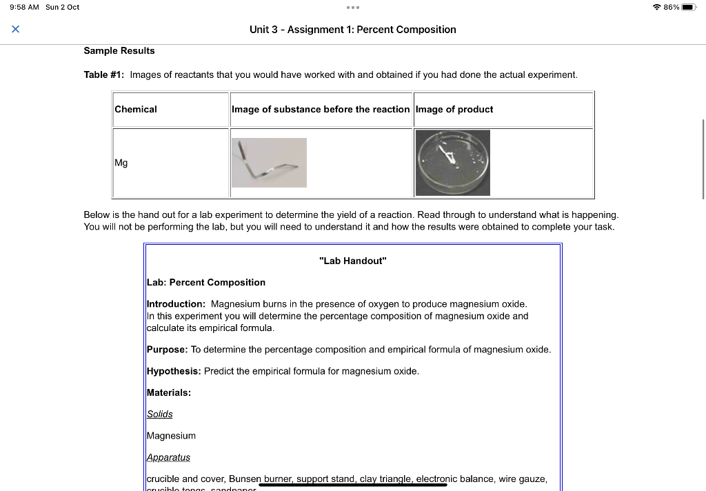 Solved Unit 3 - Assignment 1: Percent Composition Sample | Chegg.com