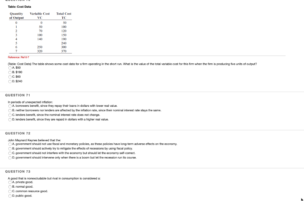 Solved Table: Cost Data Quantity of Out Variable Cost Total | Chegg.com