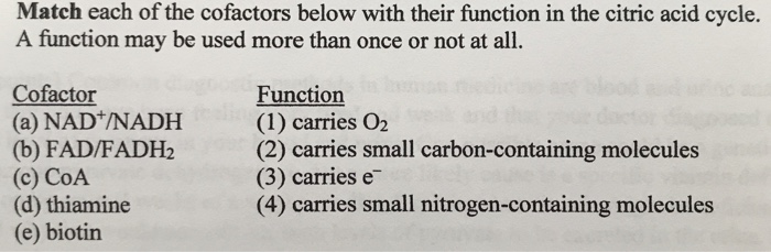 Solved Match each of the cofactors below with their function | Chegg.com