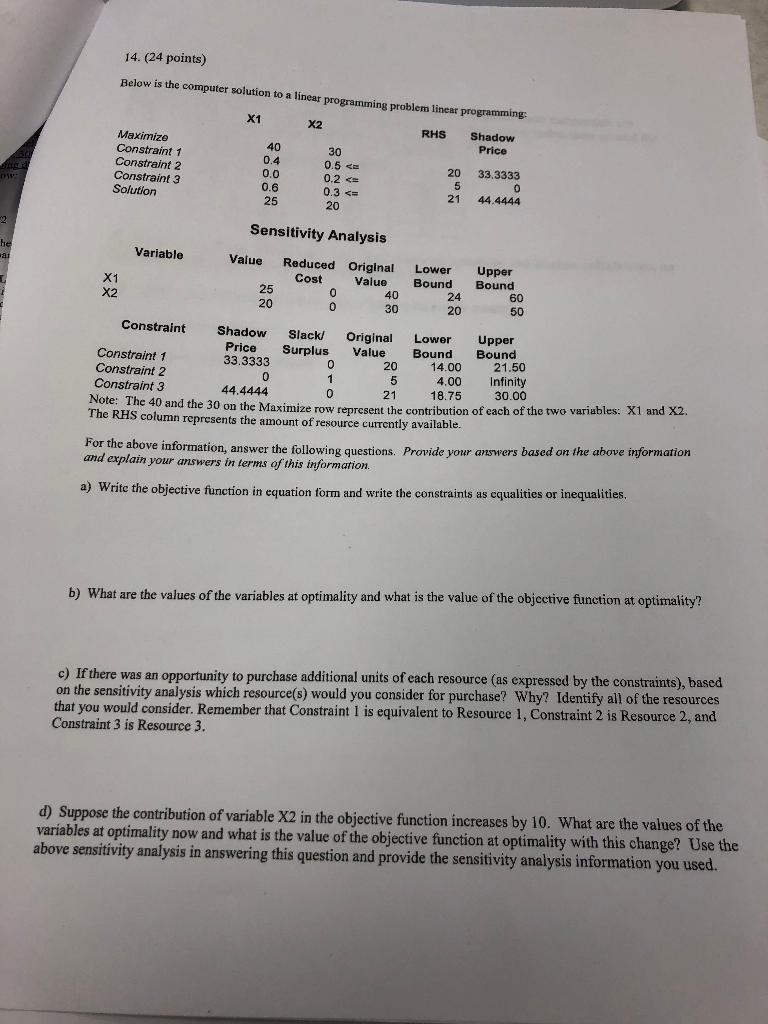Solved 14. (24 points) Below is the computer solution to a | Chegg.com