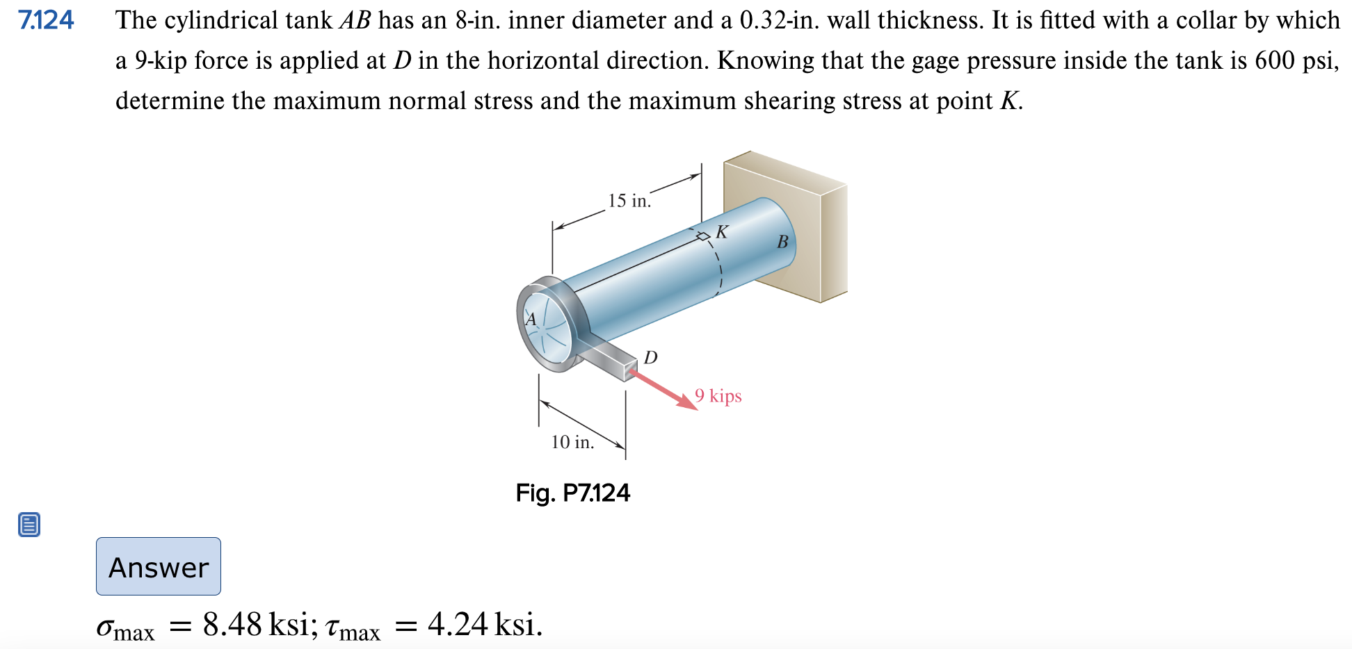 Solved 124 The cylindrical tank AB has an 8-in. inner | Chegg.com