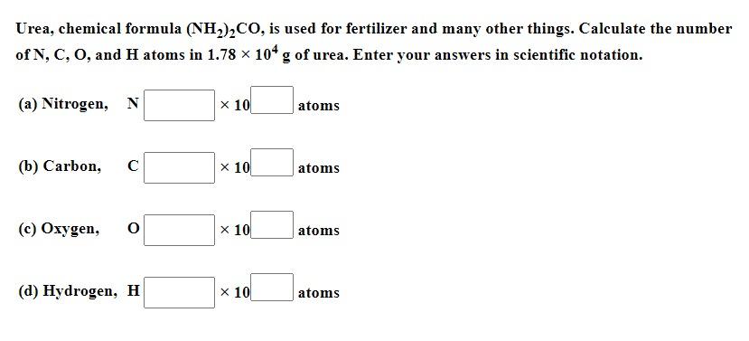 Solved Urea, chemical formula (NH2)2CO, is used for | Chegg.com