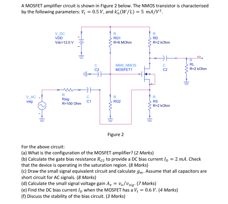 Solved A MOSFET amplifier circuit is shown in Figure 2 | Chegg.com