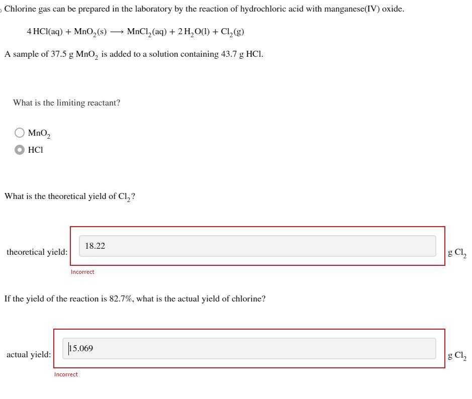 Solved 4HCl(aq)+MnO2( s) MnCl2(aq)+2H2O(l)+Cl2( g) A sample | Chegg.com